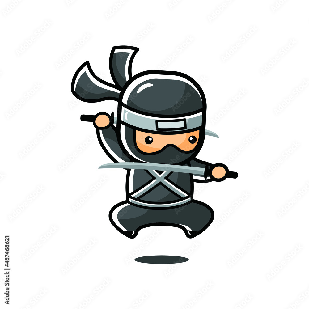 Cartoon black little ninja jump with two swords Stock Vector | Adobe Stock