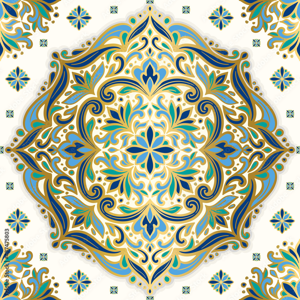 Blue and gold luxury seamless pattern on a white background. Vector ...