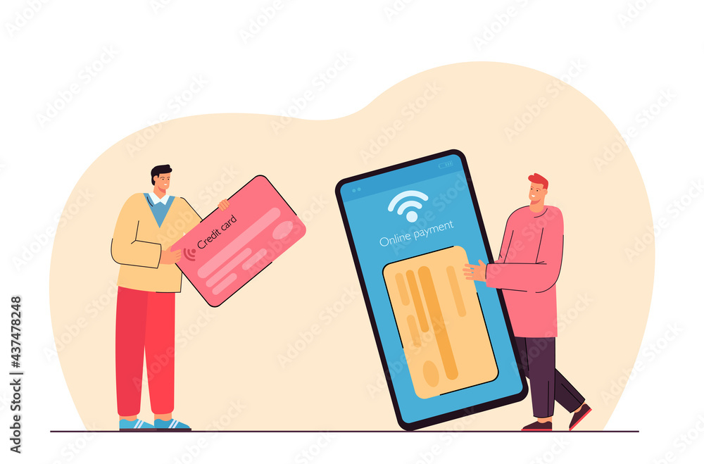 Cartoon men with credit card and phone flat vector illustration. Tiny ...