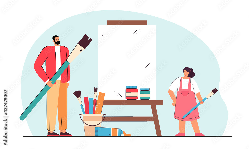 Female student studying drawing with male teacher. Cartoon man and girl ...