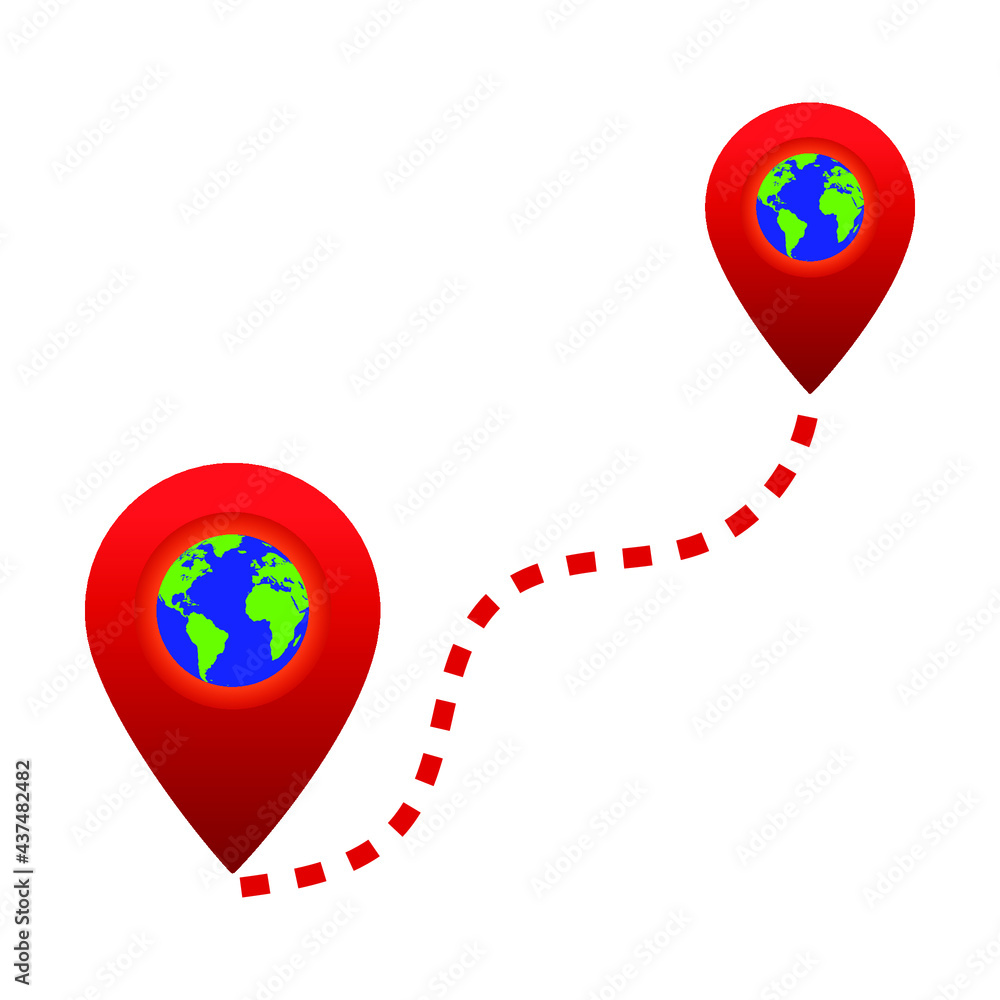 Route location icon, two pin sign and dotted line road, start and end ...