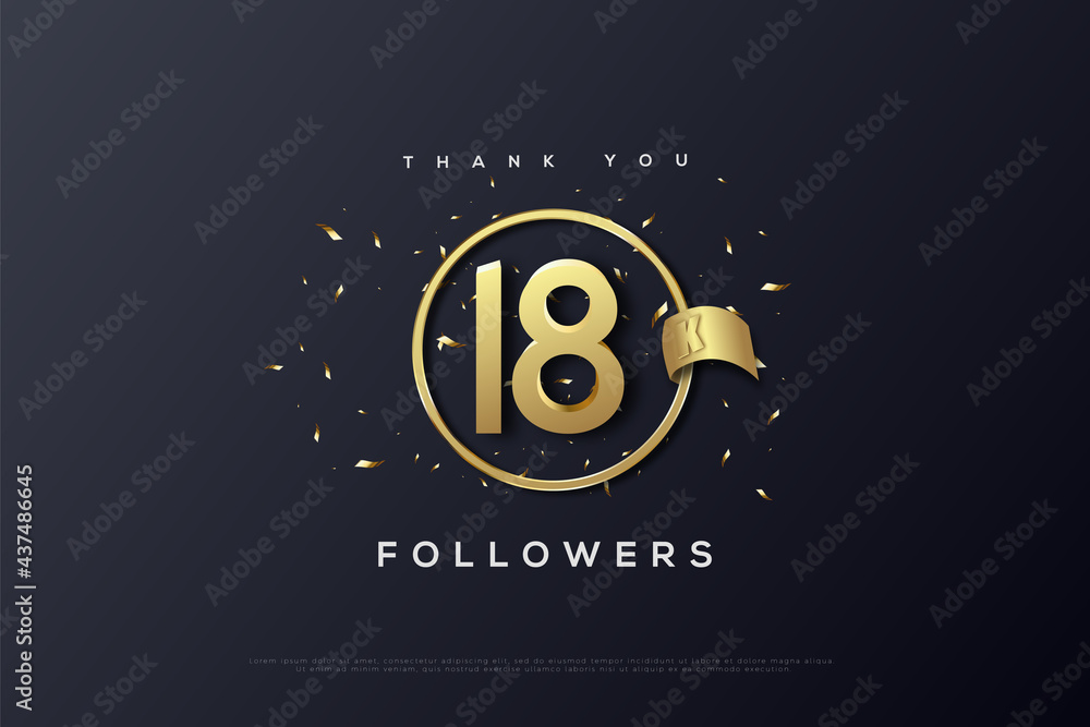 Thank you 18k followers with a gold ribbon cut next to the numbers ...