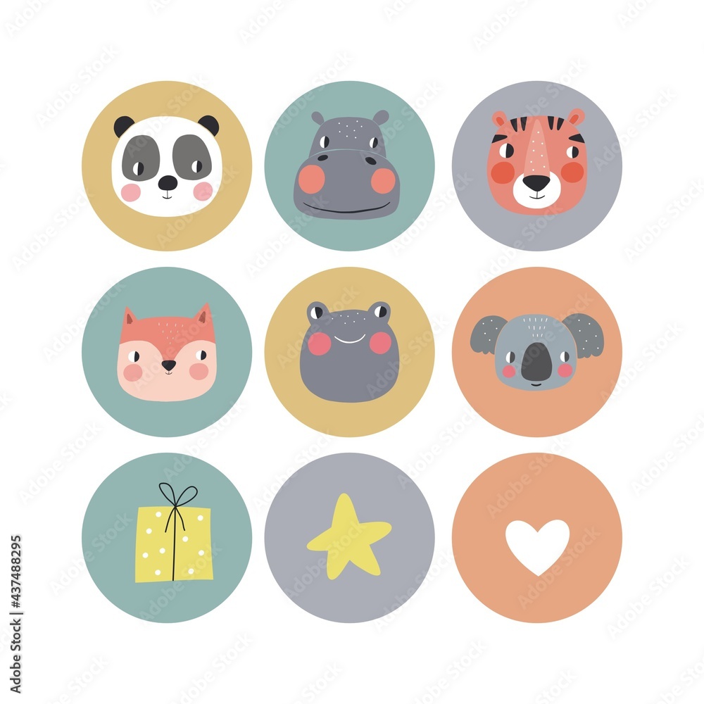 Cute hand drawn animal for kids poster. Cute frog, raccoon, bear, sloth ...