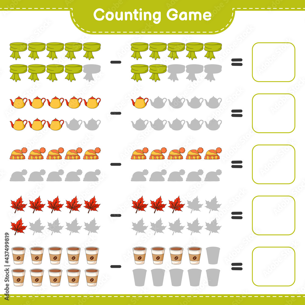 Counting game, count the number of Scarf, Tea Pot, Hat, Maple Leaf ...