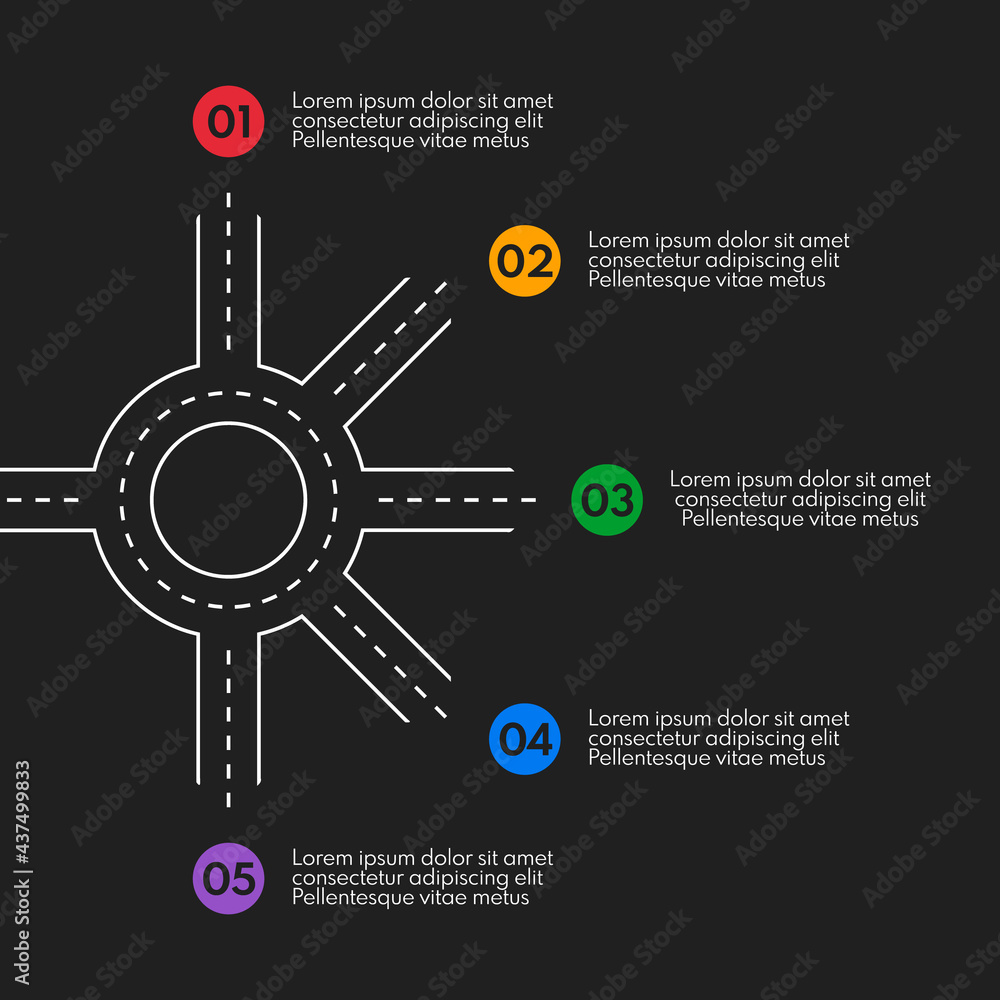 road line with ring crossroad and 5 different exits, vector ...