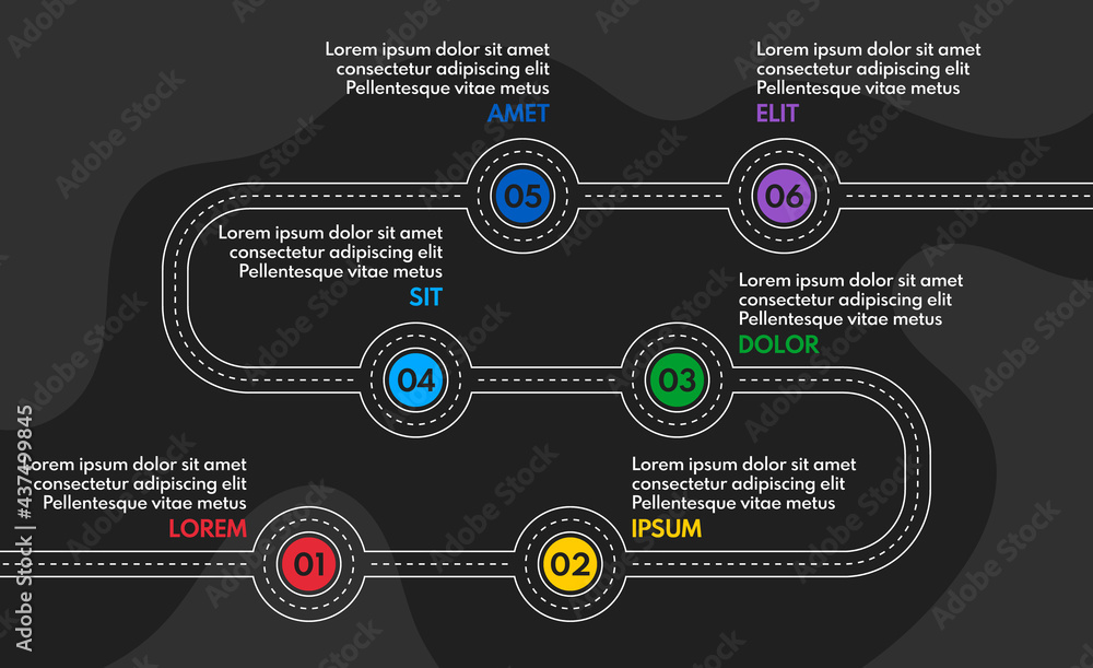 6 steps road map or timeline progress infographic, vector template ...