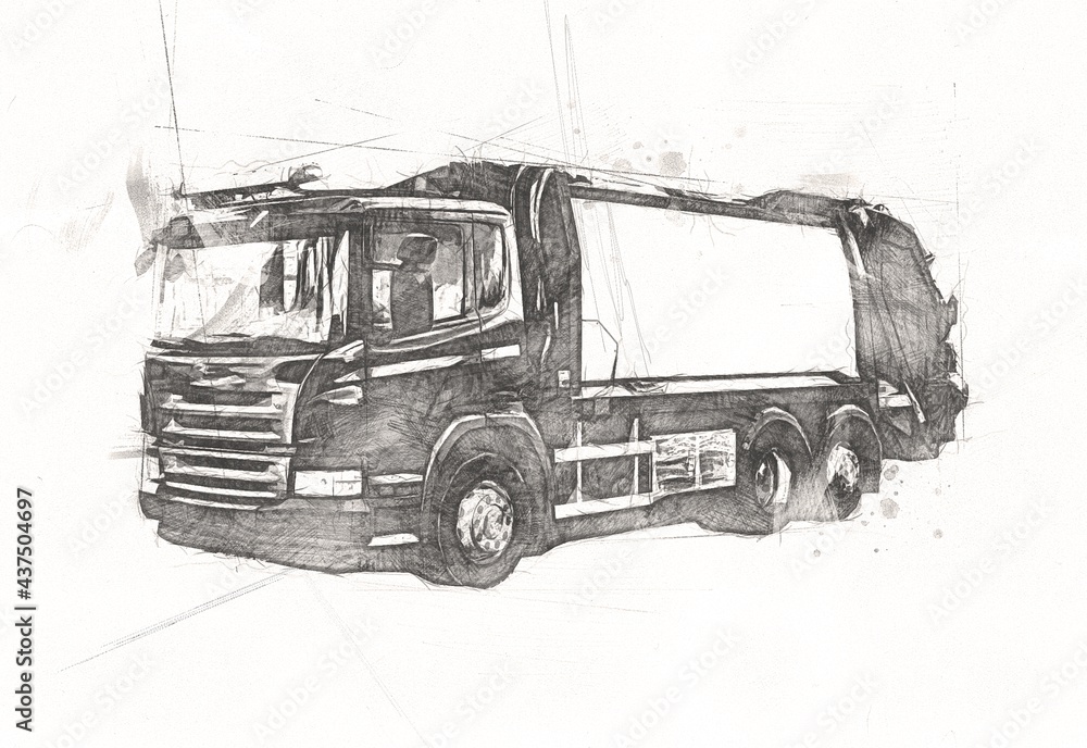 Garbage truck with trash can lift arm. Horizontal. Art illustration ...
