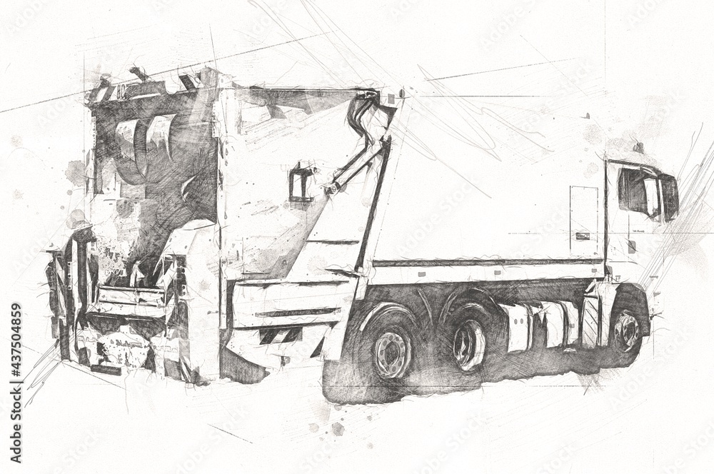 Garbage truck with trash can lift arm. Horizontal. Art illustration ...