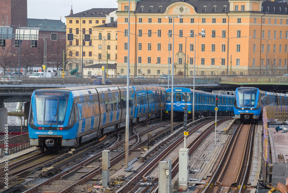 STOCKHOLM, SWEDEN - MARCH 09, 2019: Three trains of the Stockholm metro ...