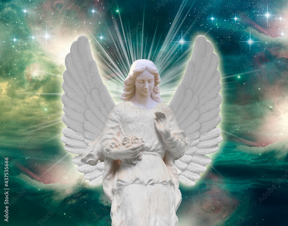 beautiful angel archangel over mystic sky with galaxy, rays of light ...