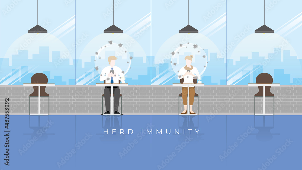 Vetor de Herd immunity concept as virus protects bubble on people head ...