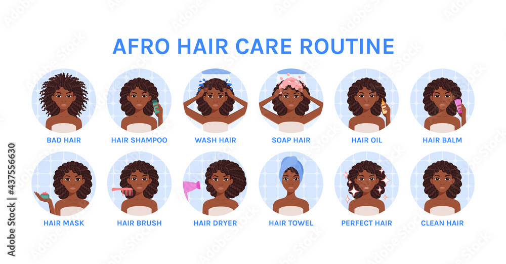 Afro hair care. Set. Isolated Black beautiful woman washes her head ...