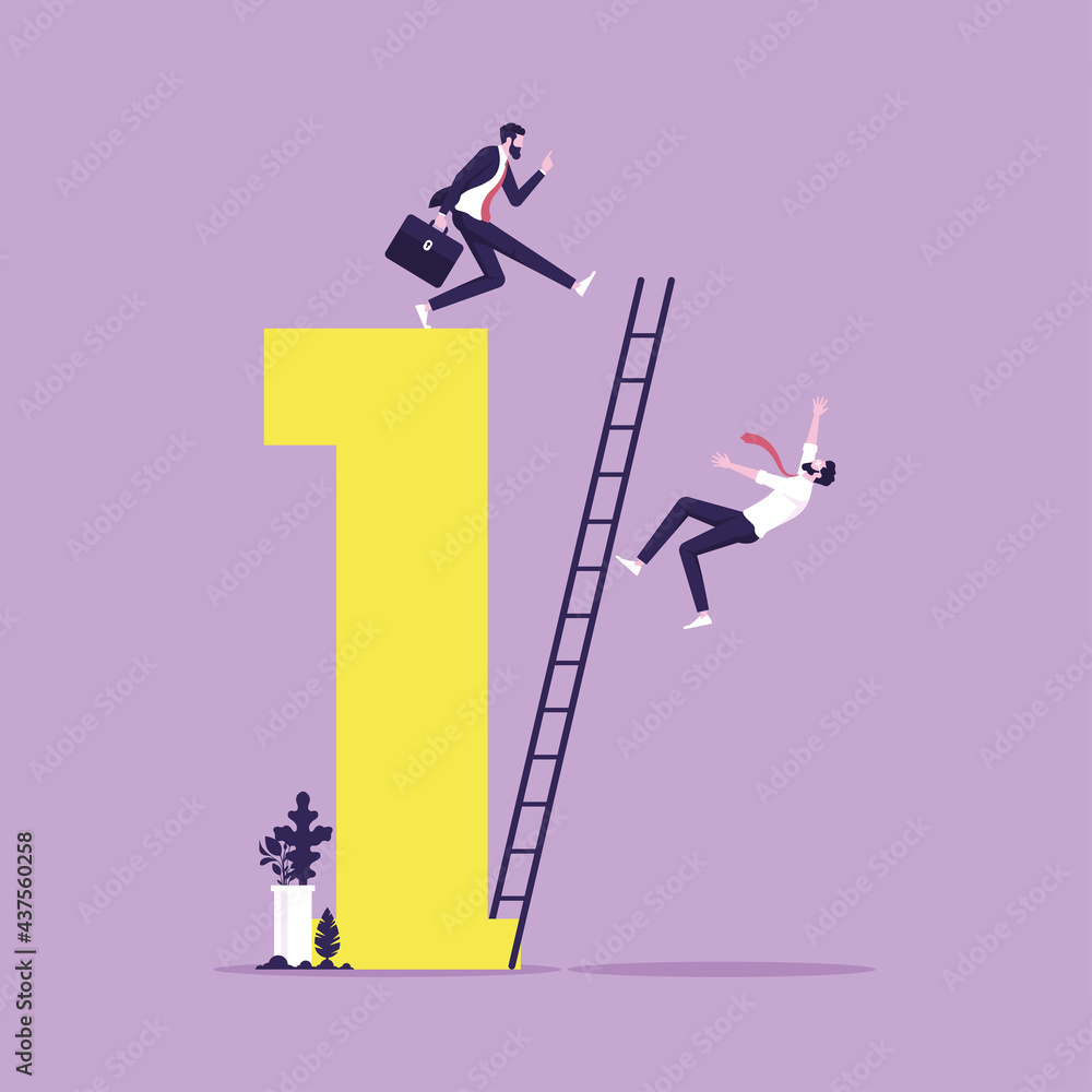 Businessman kicking to make his rival falling down from the top ladder ...