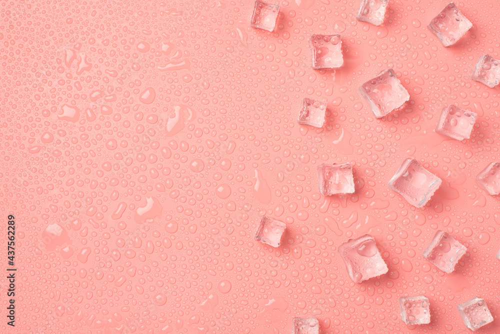 Top view photo of ice cubes on the right and drops on isolated pastel ...