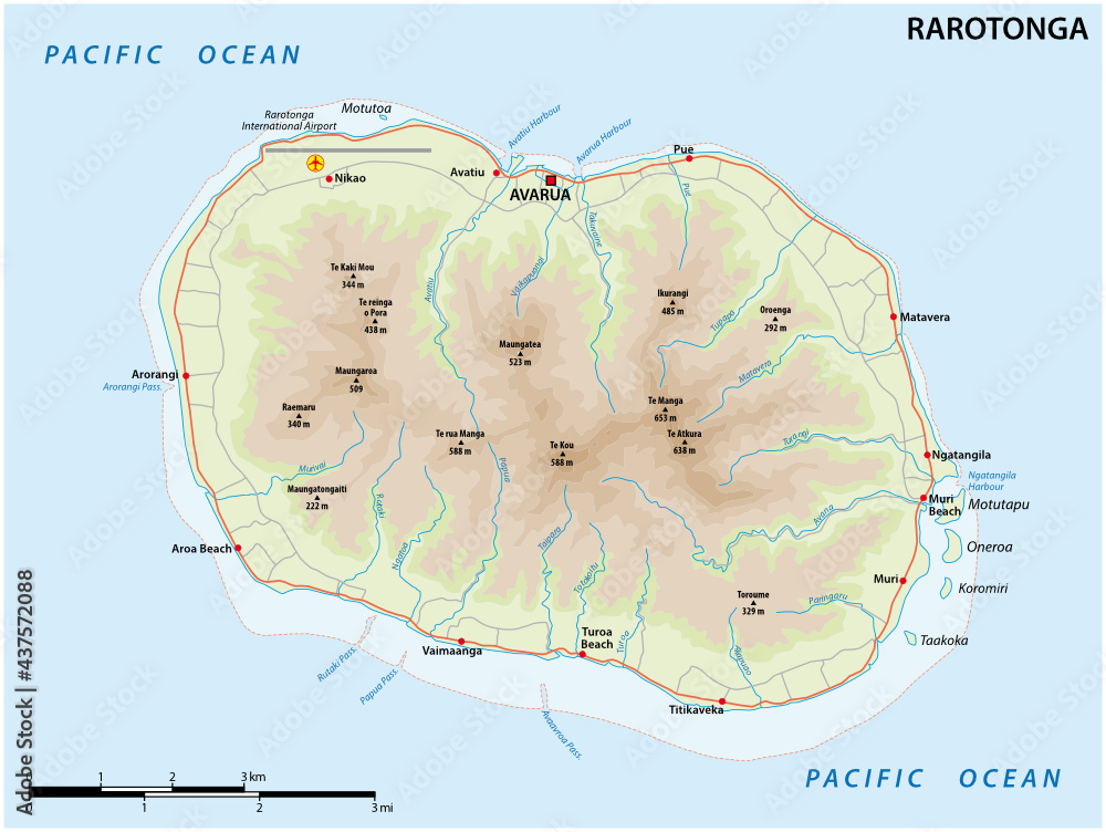 vector map of the Pacific volcanic island of Rarotonga, Cook Islands ...