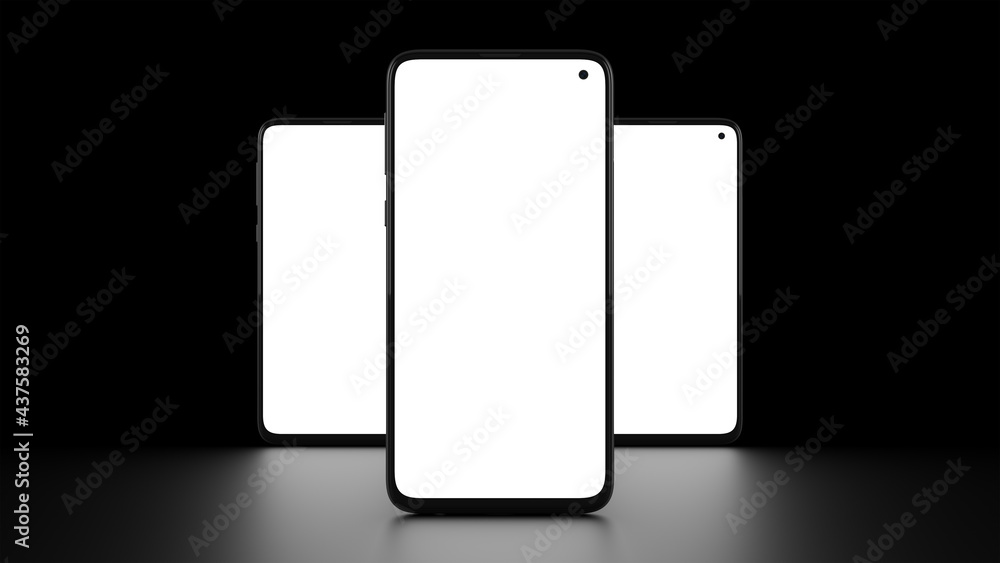 Mockup of three cell phones with front view and black background ...