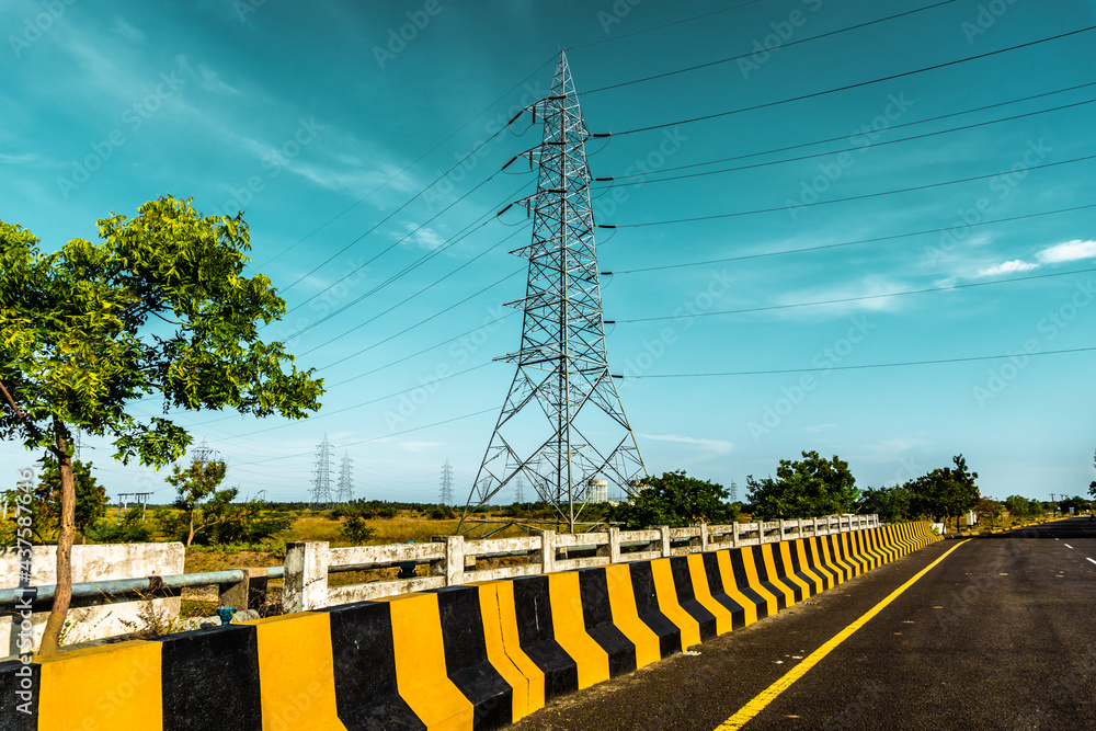 Silhouette effect of high voltage electric towers with electricity ...