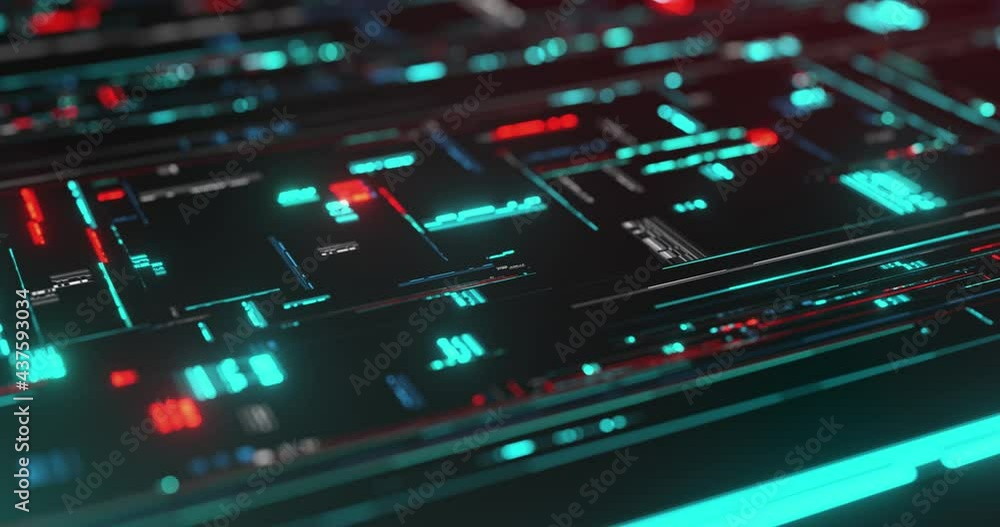 High Tech animated background. Digital neon lights, square elements and ...