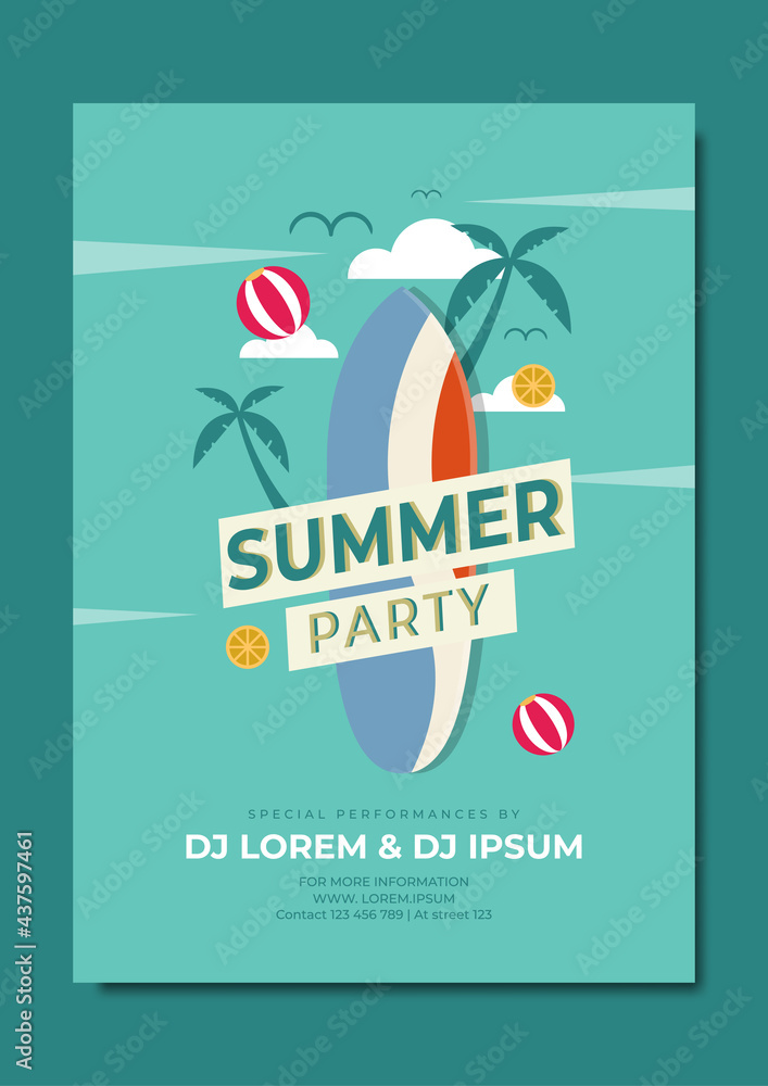 Summer time party poster design template with palms trees silhouettes ...