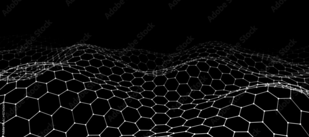 Abstract hexagon wave with moving dots. Flow of particles. Technology ...