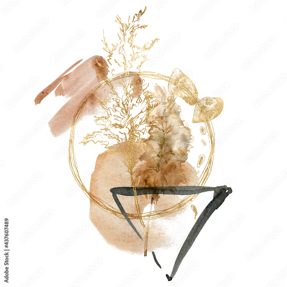 Watercolor tropical composition of gold pampas grass and abstract ...