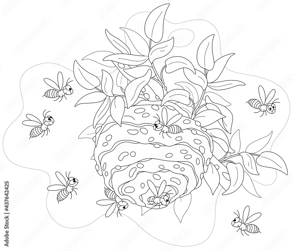 Angry swarm of striped wasps flying and buzzing around their hive on a ...