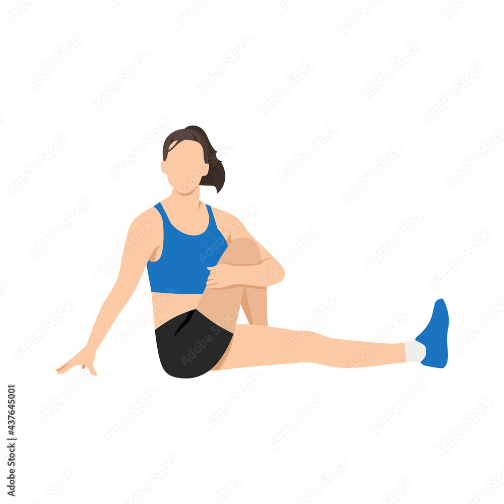 Woman doing Seated twist stretch exercise. Flat vector illustration ...