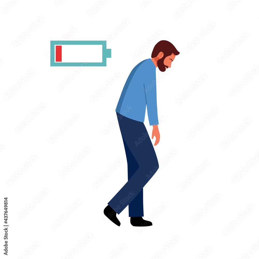 Tired man with lack of energy. Low battery male concept vector ...