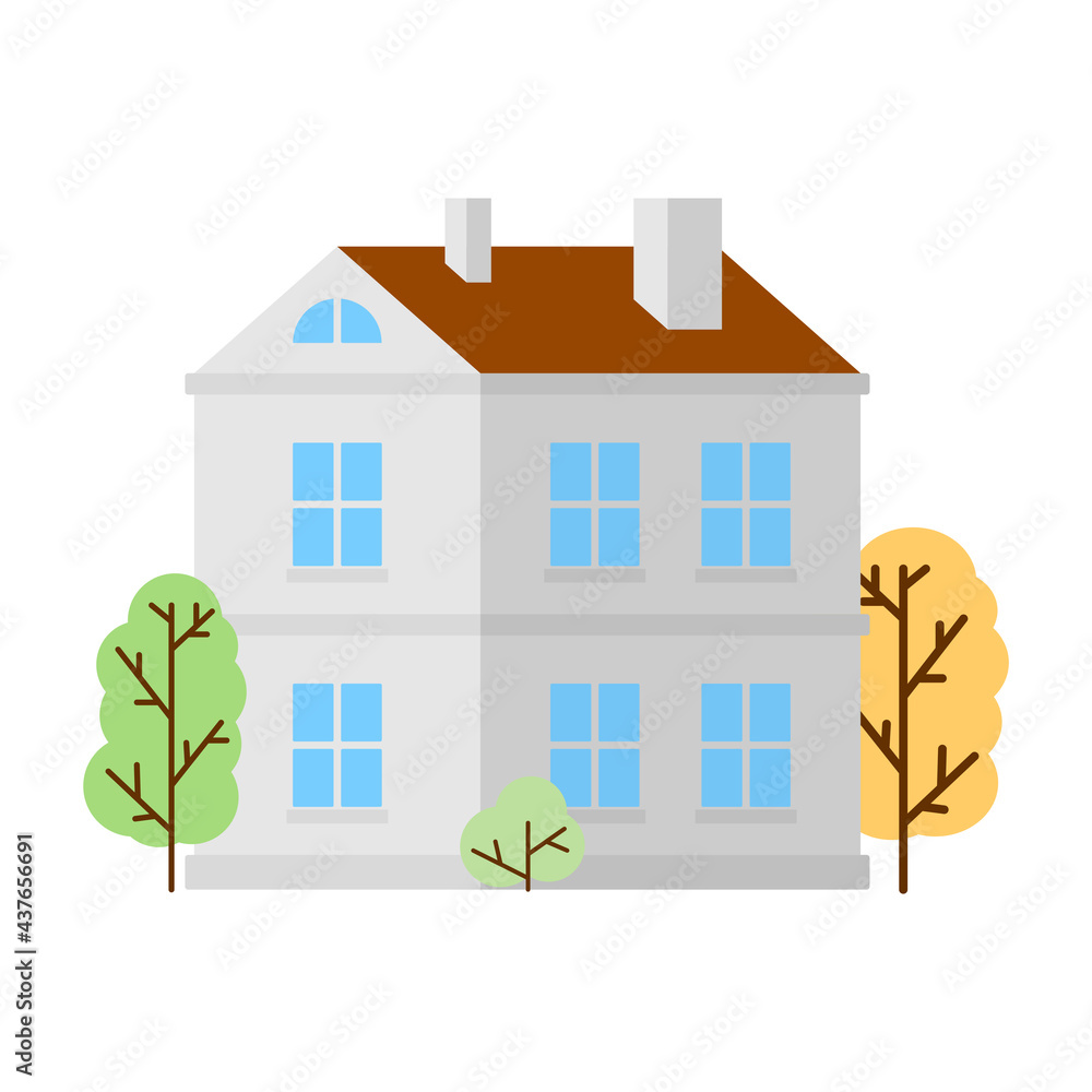 Image of a cute two-story house with trees. Cartoon illustration of a ...