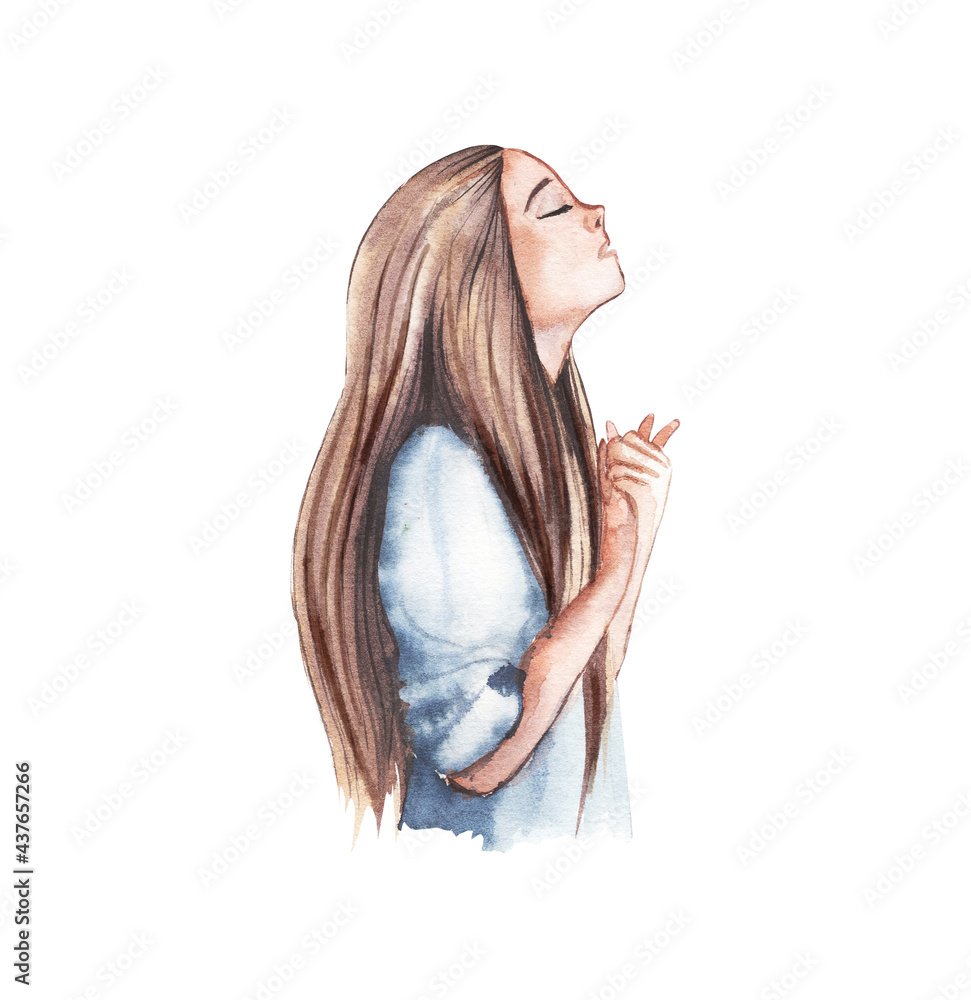 Watercolor of a girl praying or meditating. Digital art painting. Stock ...