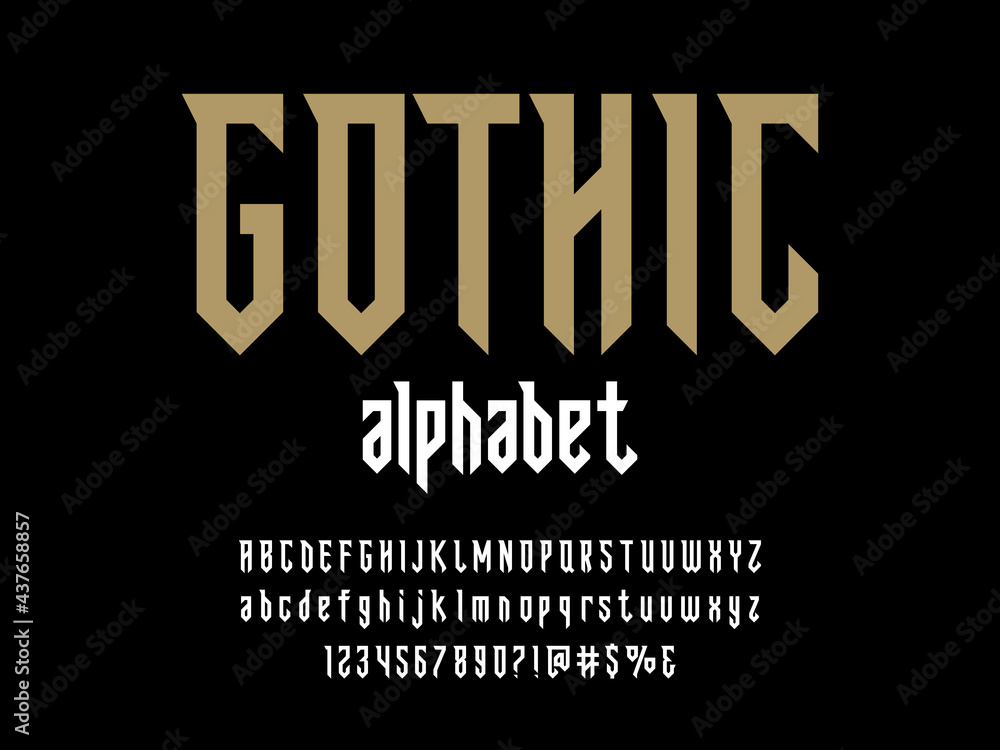 Modern gothic style alphabet design with uppercase, lowercase, numbers ...