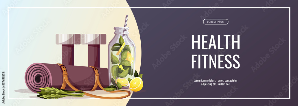 Promo banner with yoga mat, dumbbells, detox drink, asparagus. Sport ...