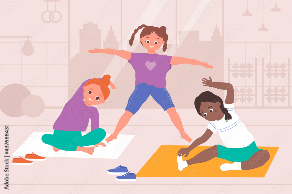 Kids do yoga, healthy physical sport exercises, gymnastics vector ...