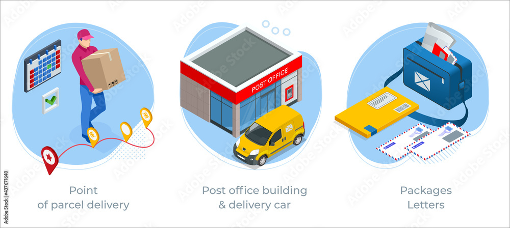 Isometric concept of Point of parcel delivery, Post office building ...