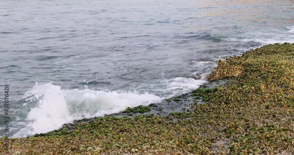 dynamic powerful ocean or sea wave or wave setup hits on granite rock ...