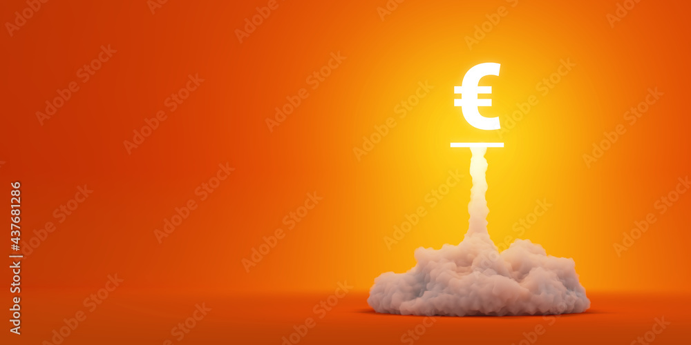 Euro symbol rocket launch and explosion, business and technology ...