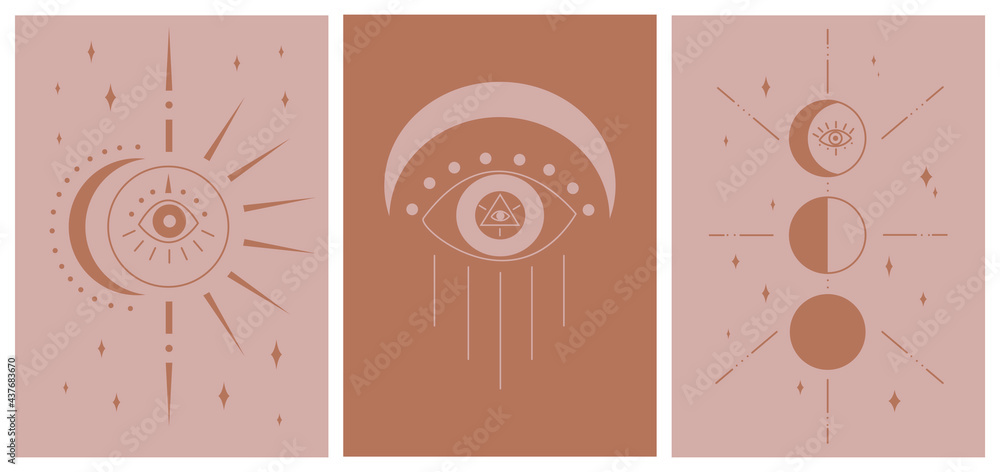Set of Boho Esoteric Minimalist Wall Decor. Abstract Moon Phases, Sun ...