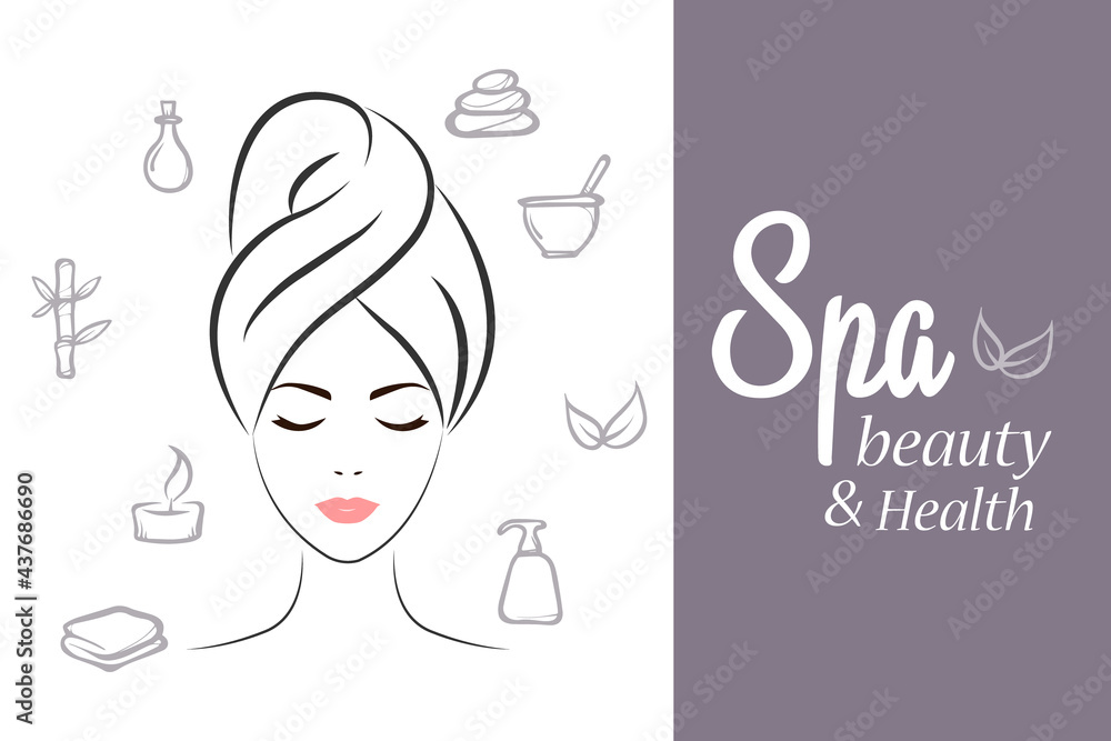 Spa elements and symbols . Outlined silhouette of a girl with a towel ...