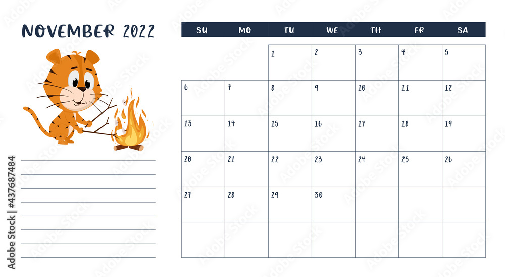 Horizontal desktop calendar page template for November 2022 with a ...