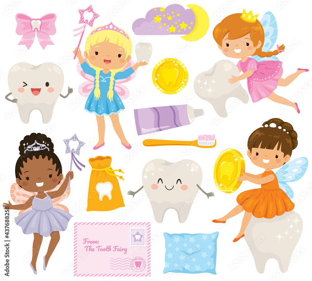 Tooth Fairy clipart bundle. Cute cartoon tooth fairies, smiling teeth ...