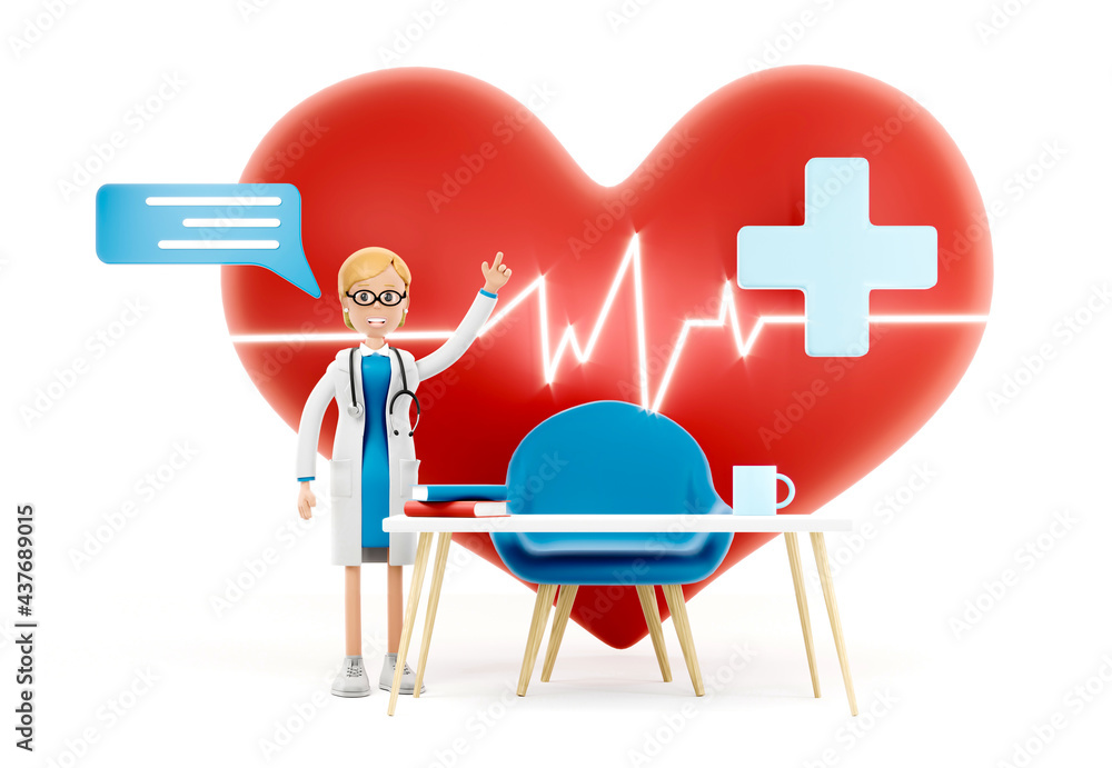 Cartoon doctor near a big red heart. Medical cardiology concept of ...
