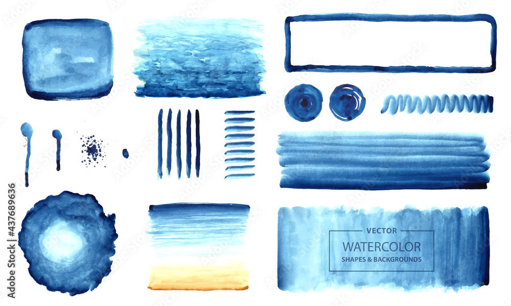Abstract Watercolor Backgrounds and Shapes Vector Set. Blue Colored ...
