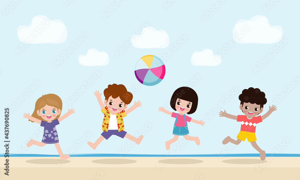 Hello summer banner template, Group of kids playing water volleyball on ...