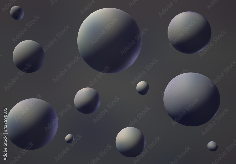 3d rendering of several sized dark gradient spheres over a dark grey ...