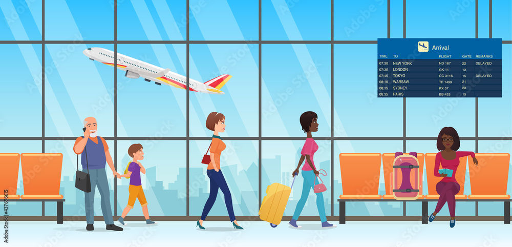 People passengers in international departure airport terminal interior ...