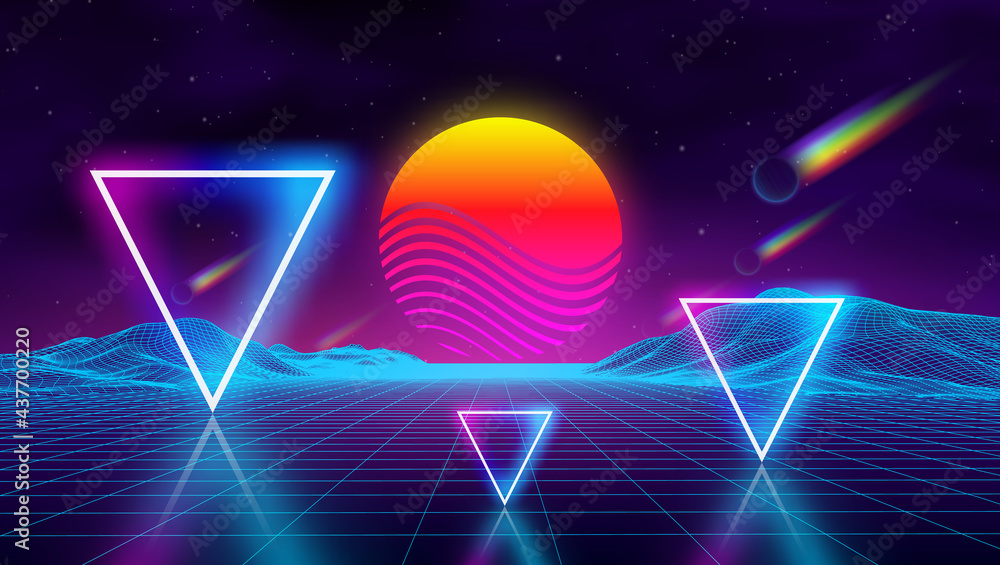 Synth wave retro city landscape background sunset 3d landscape with ...