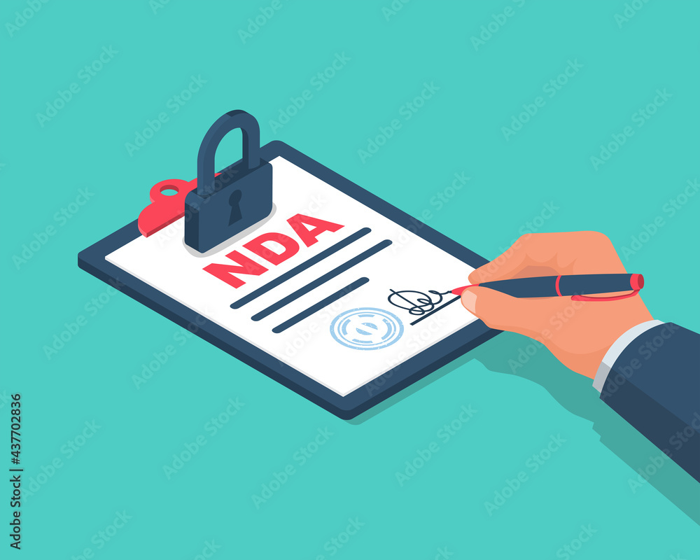 Man signs NDA contract. Contract printing and safety signature. Lock as ...