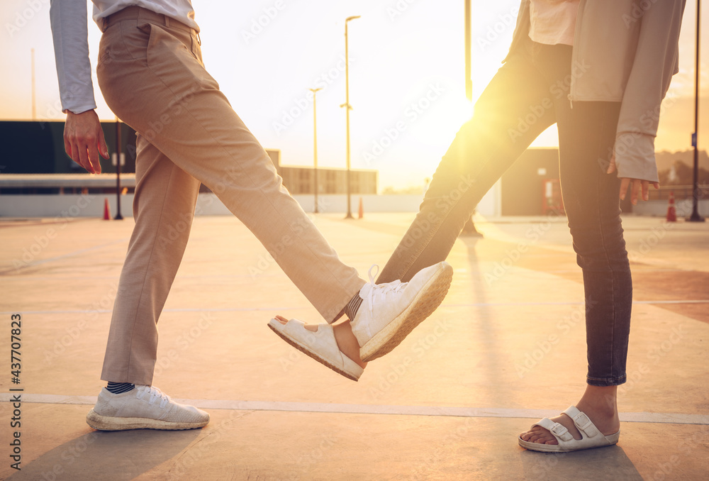 Cropped shot of women doing foot tap for greeting during covid-19 ...