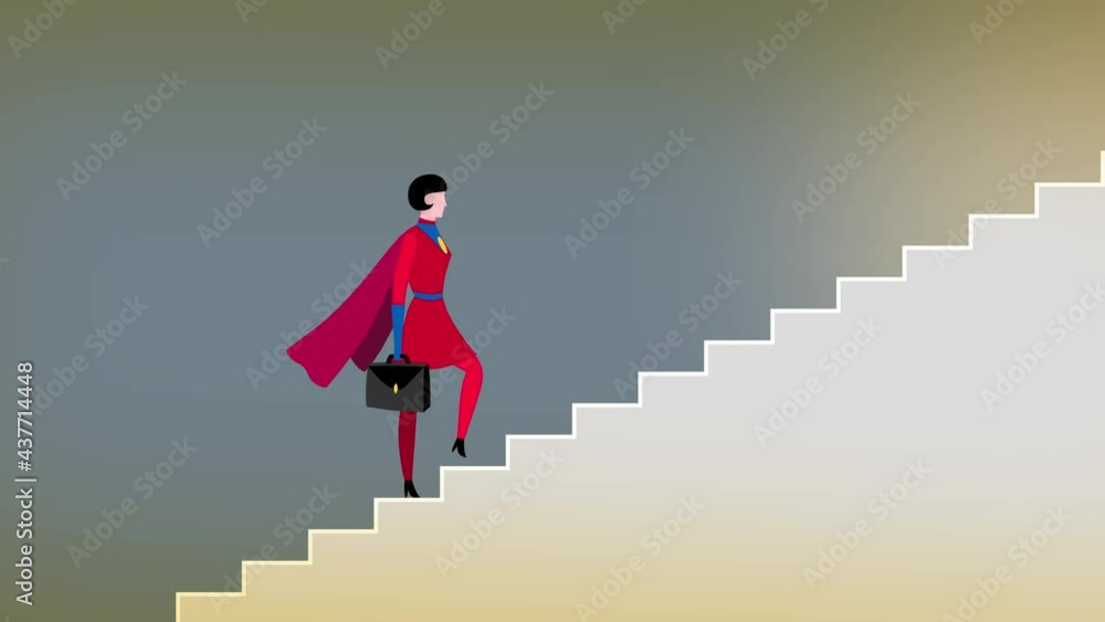 Cartoon businesswoman character going up the stairs turns into a super ...