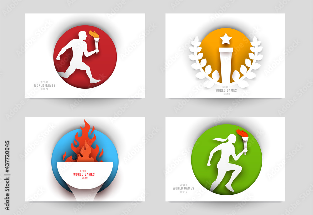 Set templates for action sport games in modern paper cut style ...